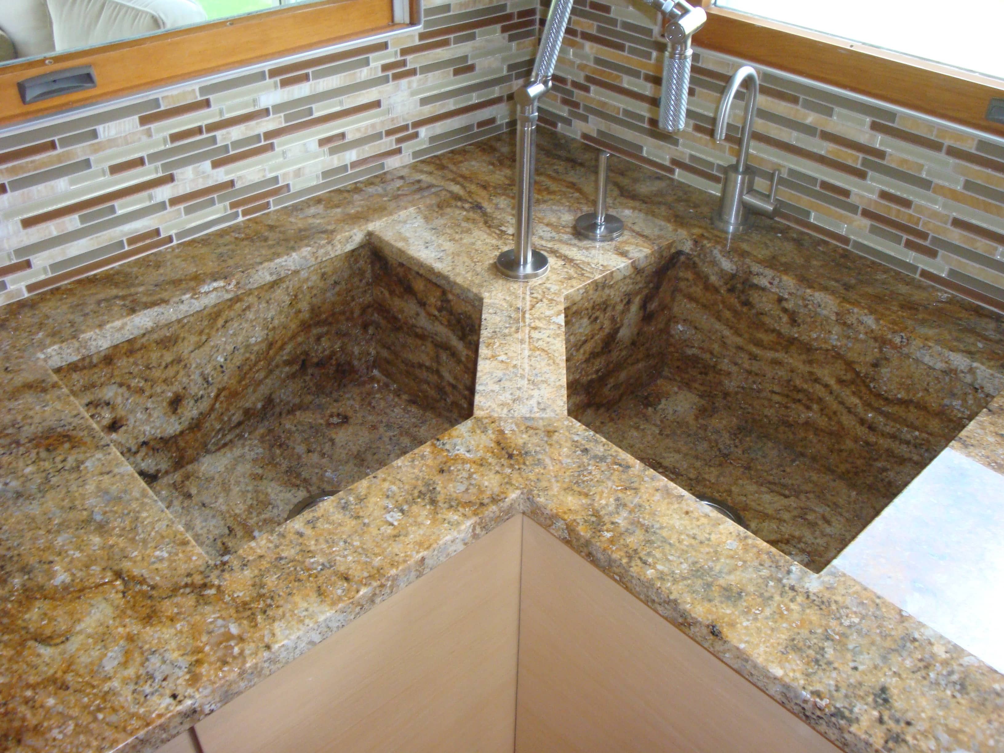 Integrated Quartz Sink with Cutting Board and Full Height Backsplash in ...